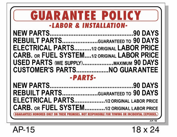 GUARANTEE POLICY SIGN, SMOGCHECKSUPPLIES.COM, 1-877-438-7761 ...