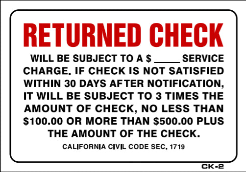 Returned Checks Sign, CK2, SMOGCHECKSUPPLIES.COM | Smogchecksupplies.com