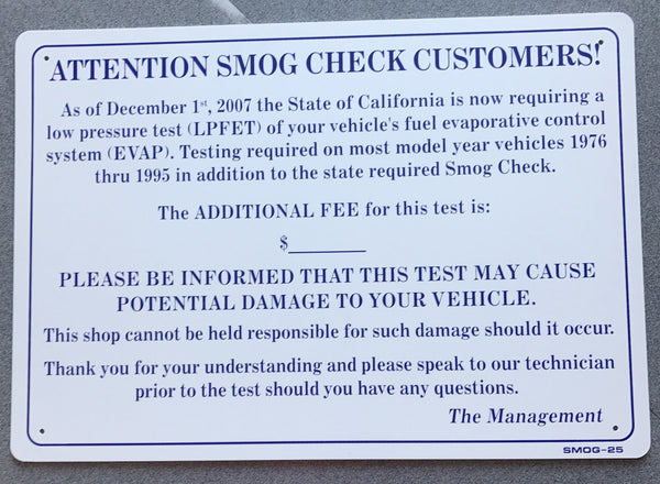 EVAP TEST PRICE SIGN, WITH COST & DAMAGE WARNING SMOG-25 ...